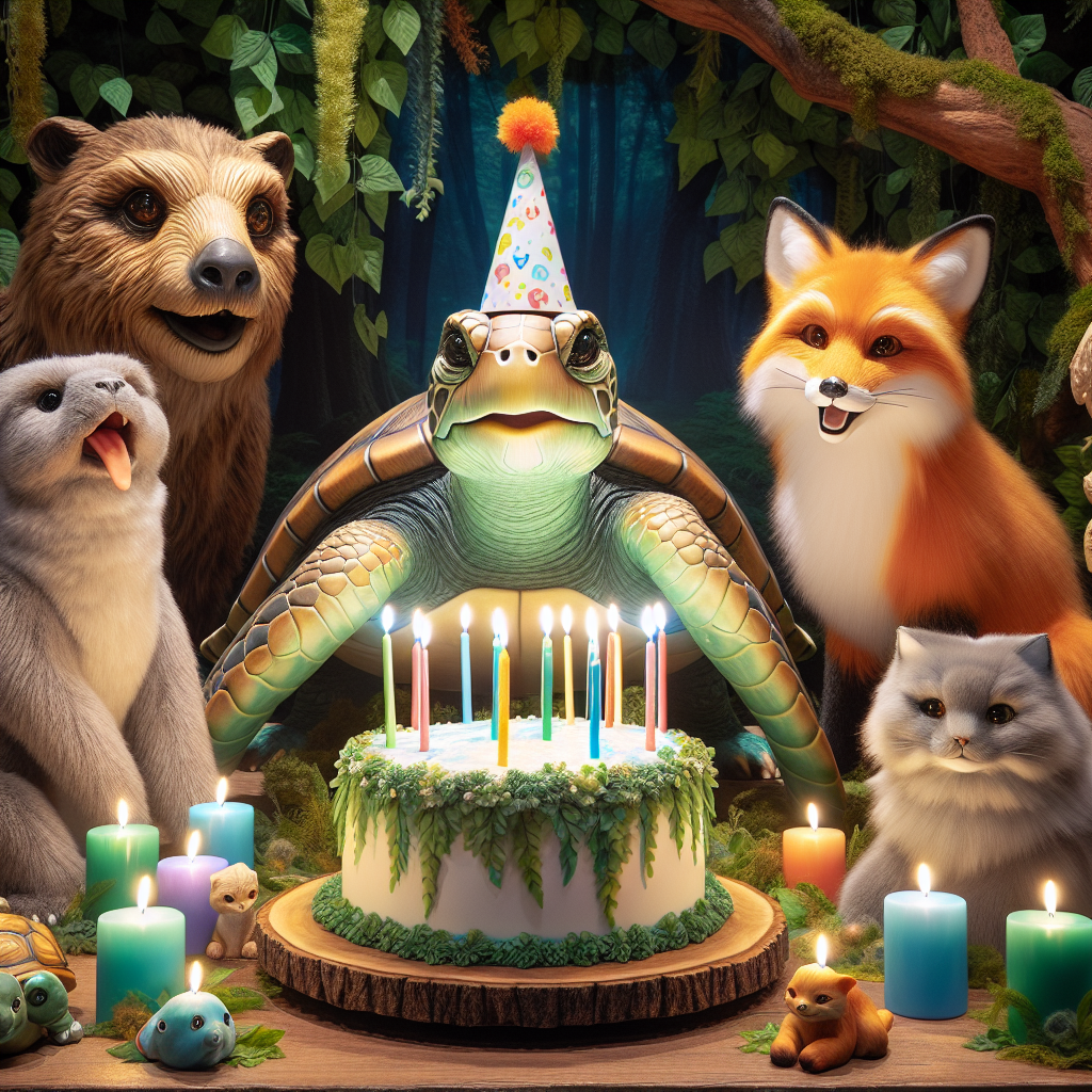1) Birthday AI Generated Card - Turtles, Fox, and Ginger cat (72394)