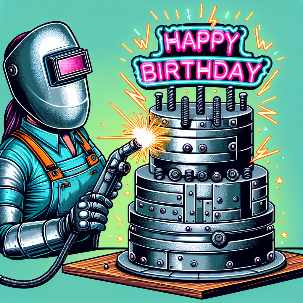 2) Birthday AI Generated Card - Strong woman welder in front of a metal ...