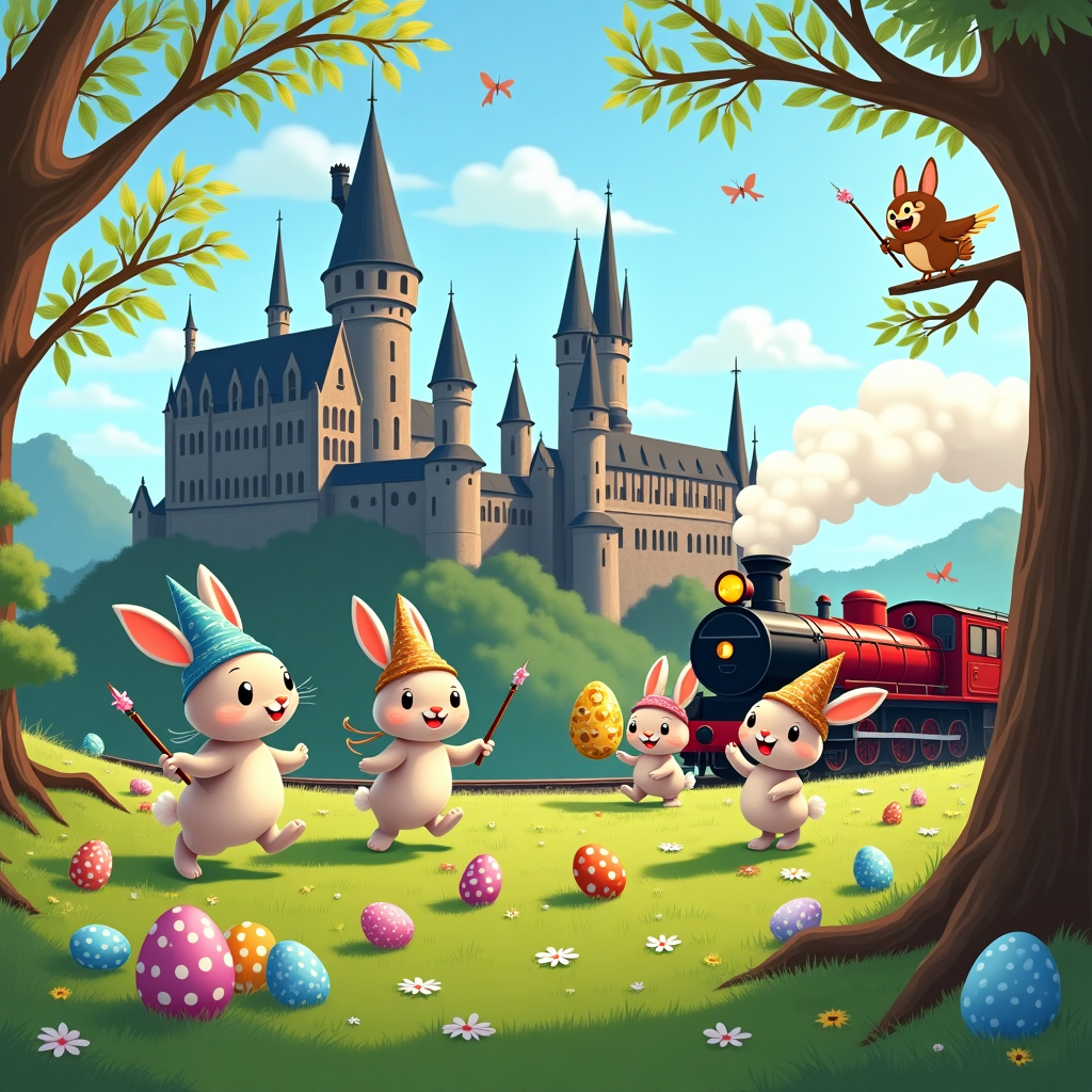 2) Easter AI Generated Card - Hogwarts castle , Easter eggs , Rabbits ...