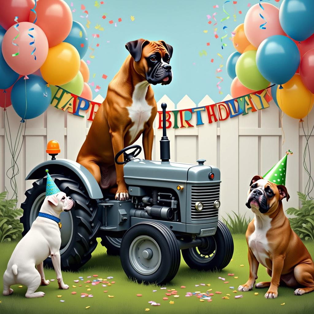 2) Birthday AI Generated Card - Brown Boxer driving a grey tractor ...