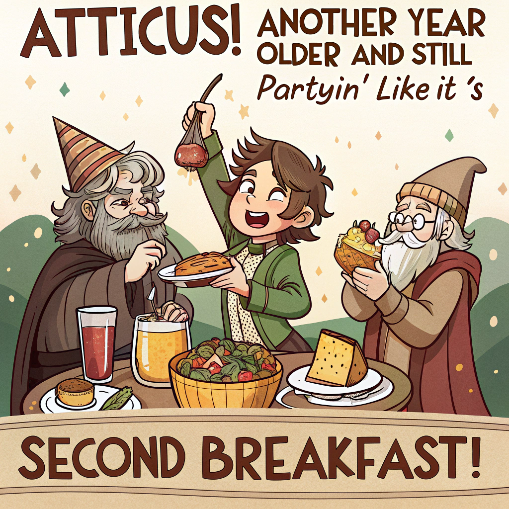 1) Birthday AI Generated Card - In the foreground, create a bustling and jovial hobbit birthday ...