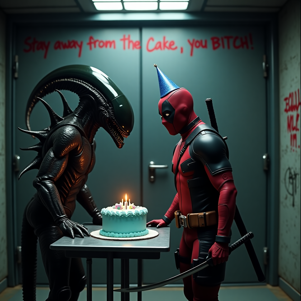 2) Birthday AI Generated Card - Deadpool, Large, scary Xenomorph ...