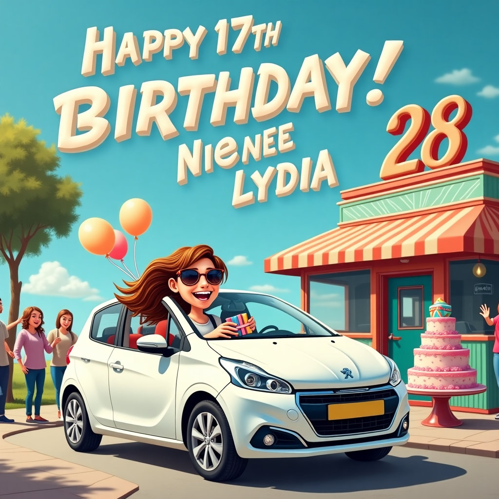 2) Birthday AI Generated Card - White peugeot 208, and Driving girl (462b1)