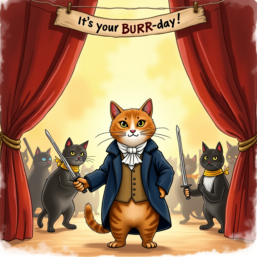 1) Birthday AI Generated Card - Hamilton the musical, Cats, and (07954)