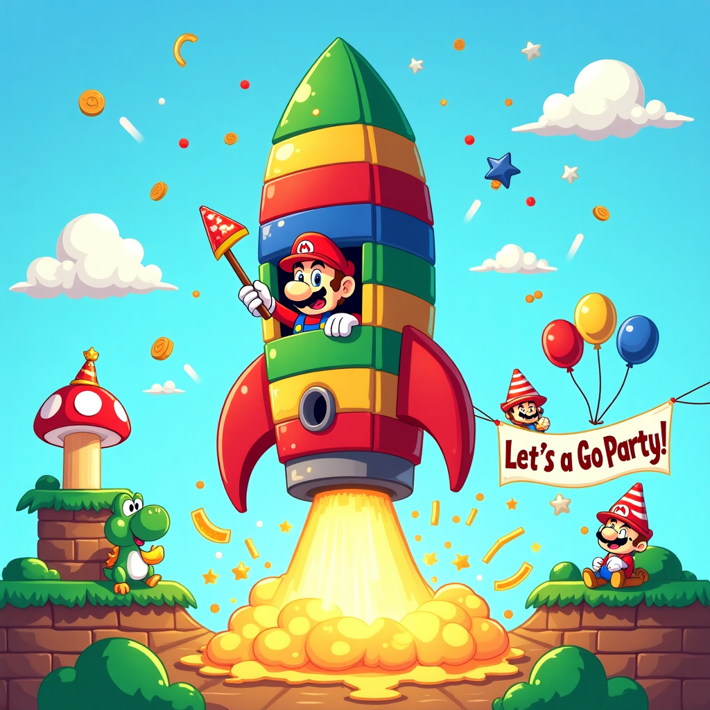 2) Birthday AI Generated Card - Lego rocket with Mario and Luigi (ffe76)