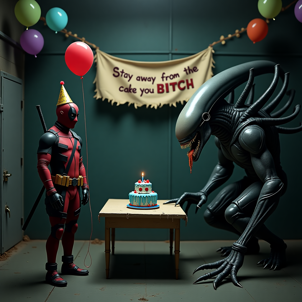 1) Birthday AI Generated Card - Deadpool , Big, scary Xenomorph wearing ...