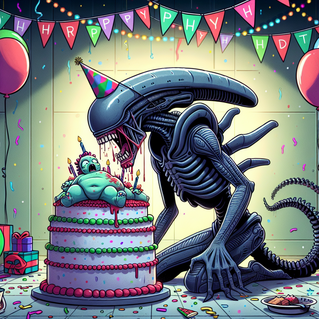 Xenomorph With Eating Disorder Birthday Cards - Silly Robot Cards