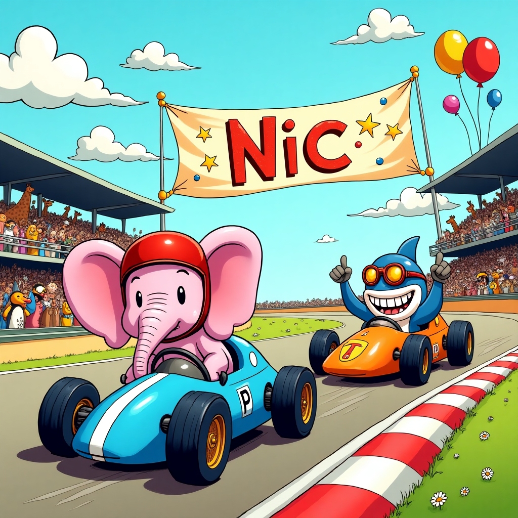 1) Farewell AI Generated Card - Cartoon elephant and shark driving F1 ...