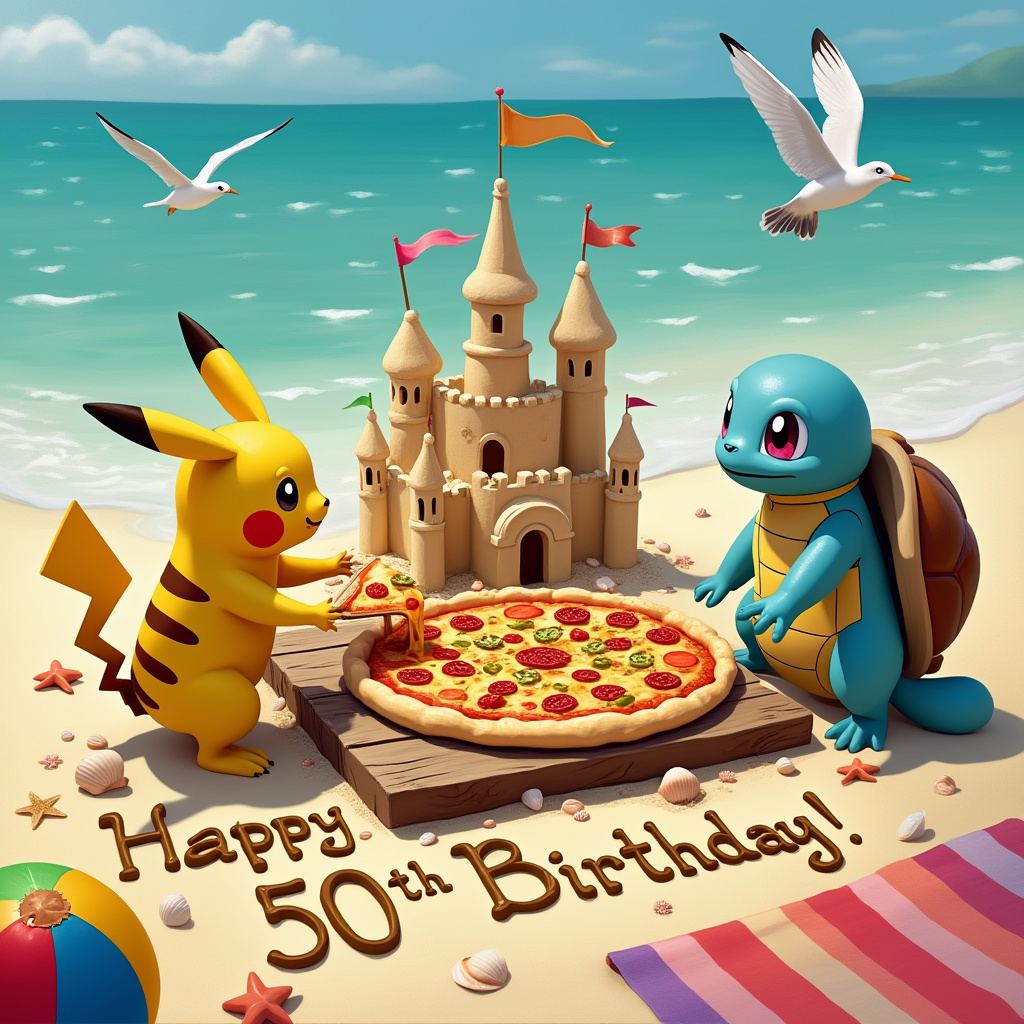 Whimsical Beach Scene Birthday Cards - Silly Robot Cards