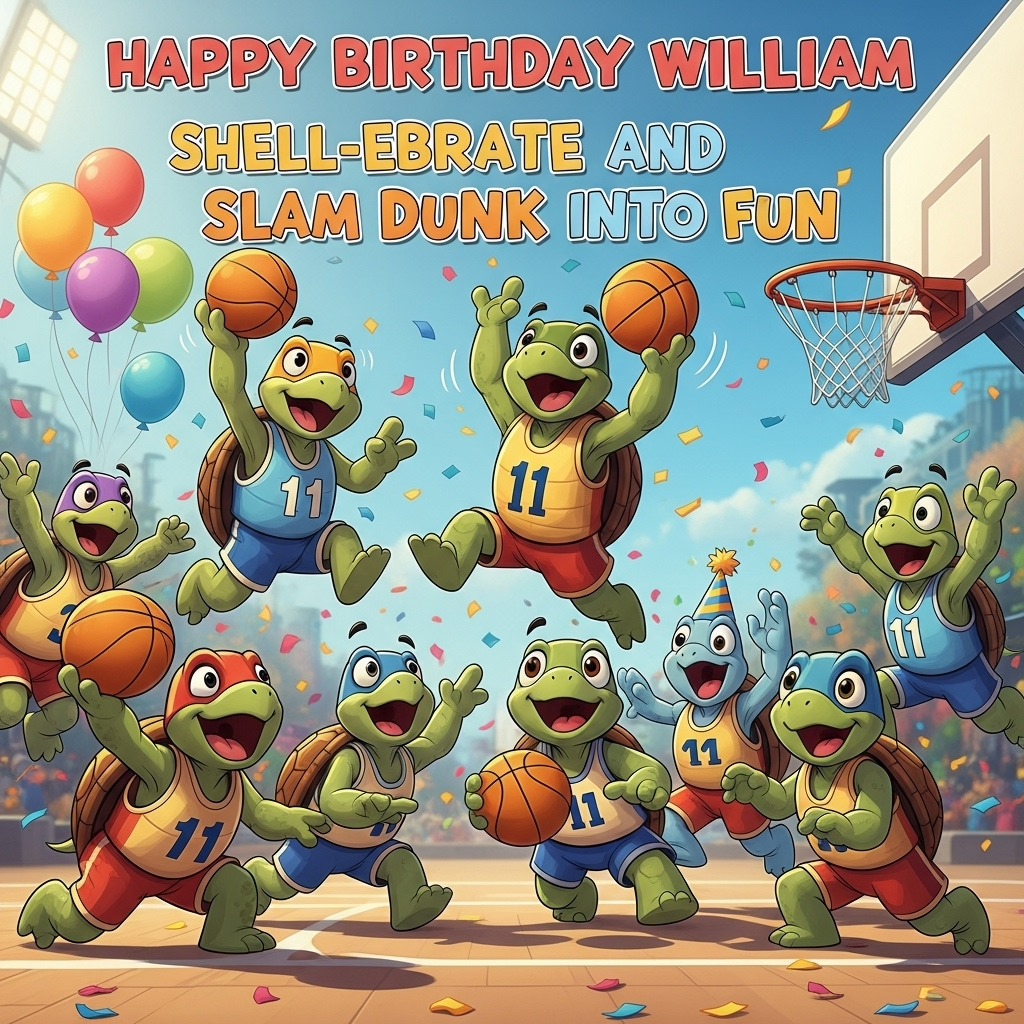 1) Birthday AI Generated Card - Turtles, Playing basketball, 11, and ...