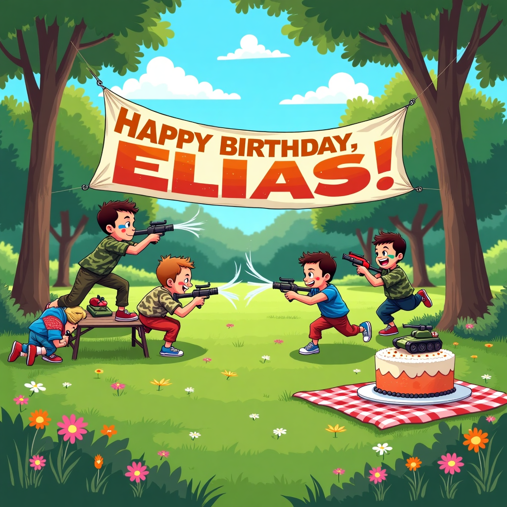 Boys Playing with Water Pistols Birthday Cards - Silly Robot Cards