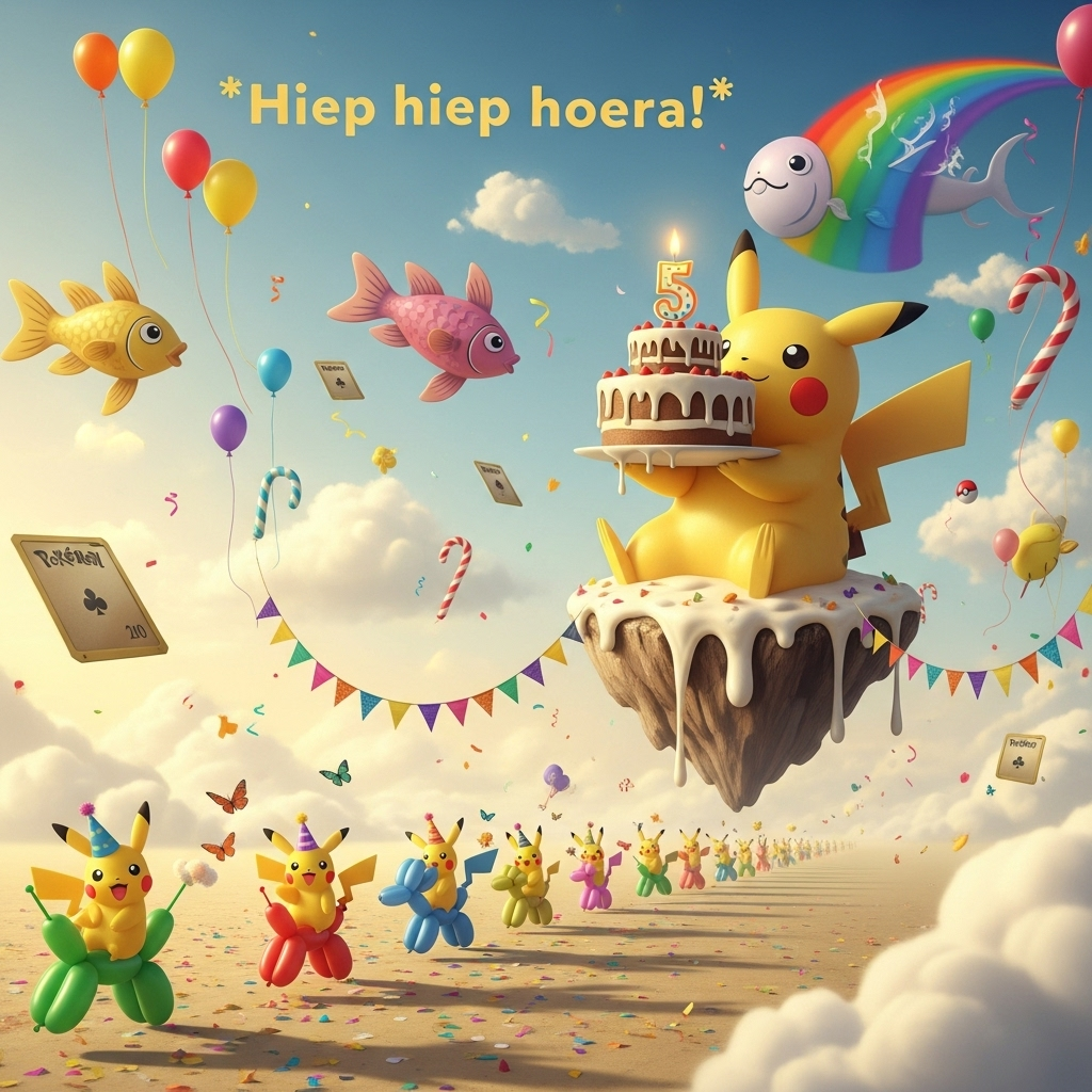 1) Birthday AI Generated Card - Pokemon, Pikachu, Ballonnen , Taart, 5 ...