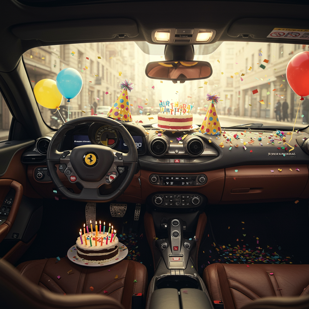 Driving a Ferrari Birthday Cards - Silly Robot Cards