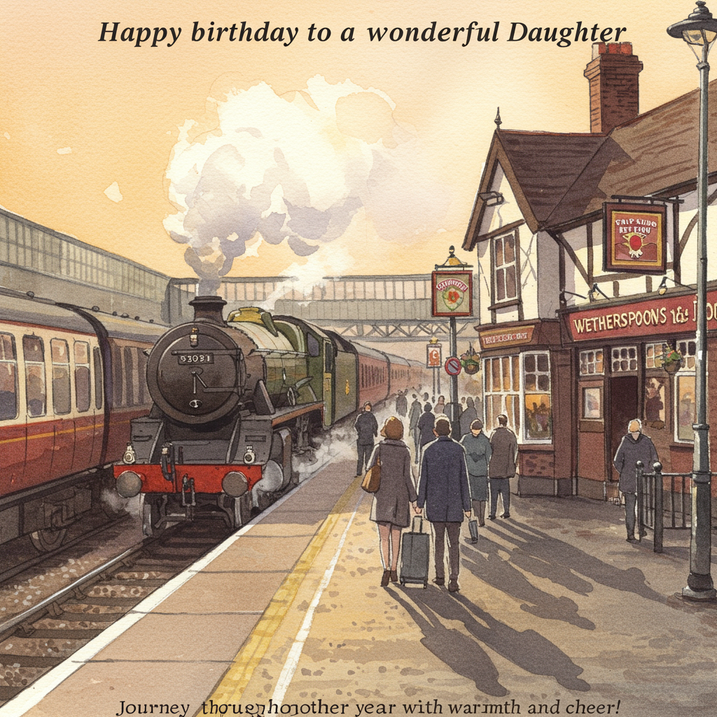 1) Birthday AI Generated Card - Train station, Wetherspoons, and (ca433)