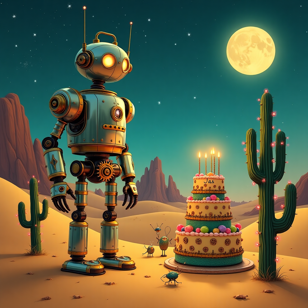 1) Birthday AI Generated Card - Robot in desert (00147)