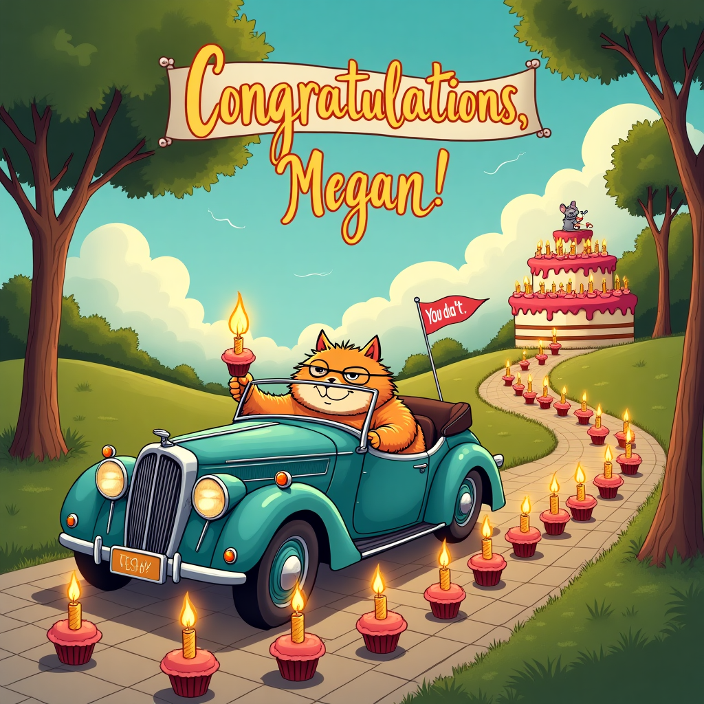 1) Congratulations AI Generated Card - Car cat candles (fe66a)