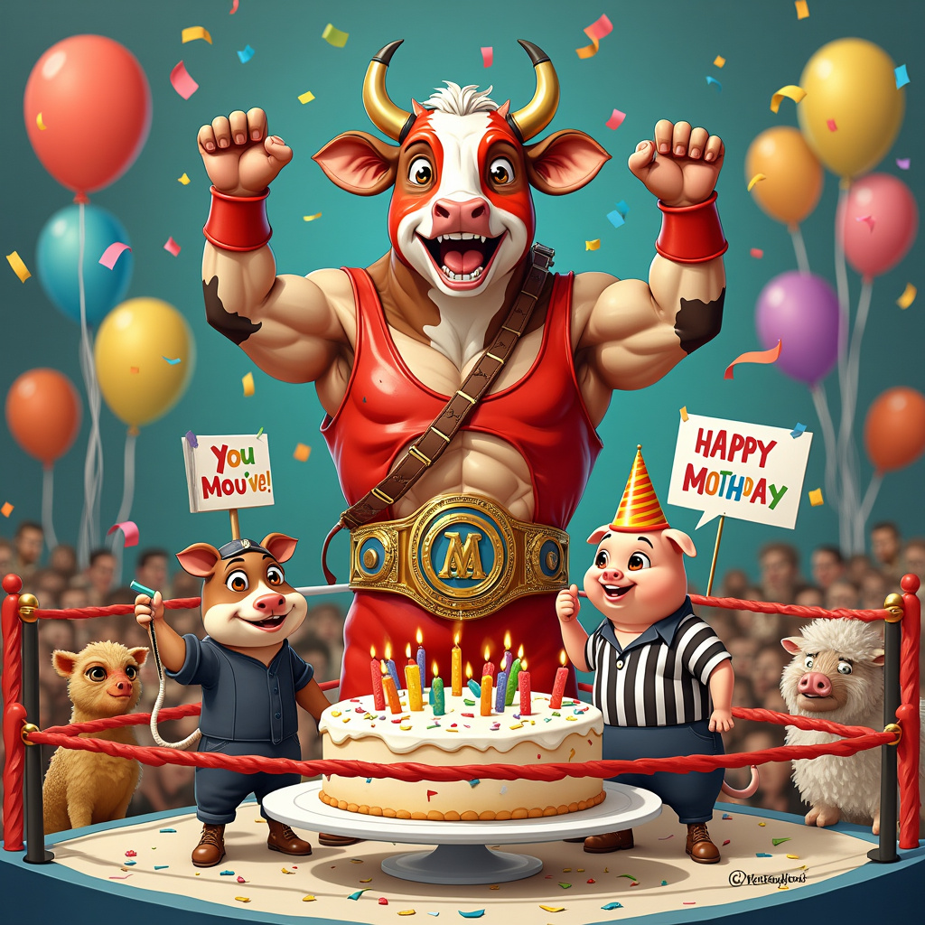 2) Birthday AI Generated Card - Cow, Wrestling, and Stoats (4d580)