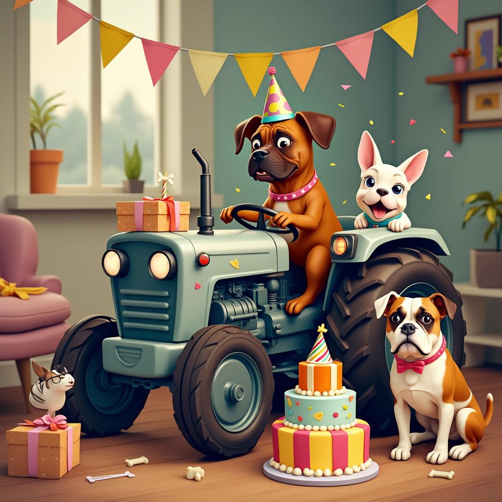 2) Birthday AI Generated Card - Brown Boxer driving a grey tractor ...