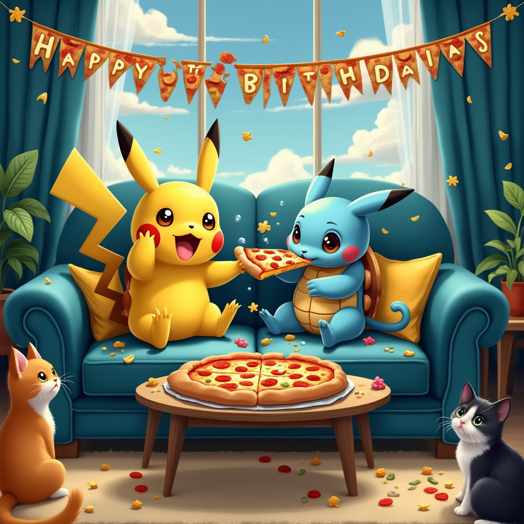 2) Birthday AI Generated Card - Pikachu , Squirtle, Cats, Pizza, and ...