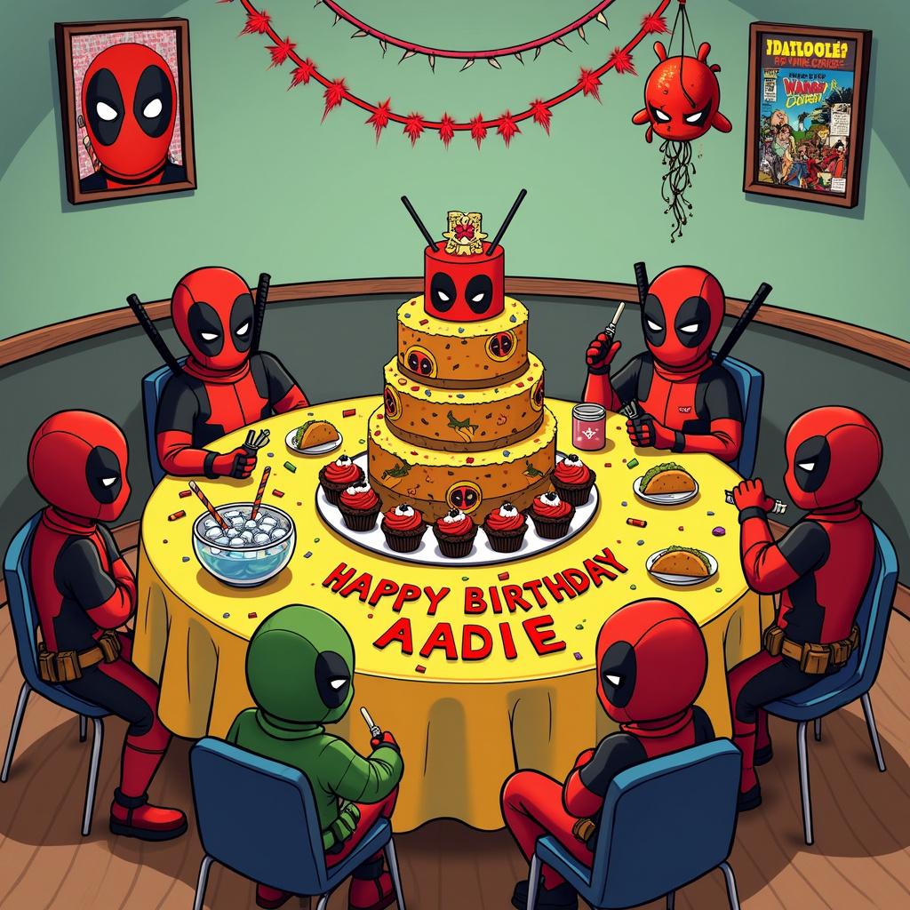 2) Birthday AI Generated Card - A Deadpool party with cakes ,drinks and ...