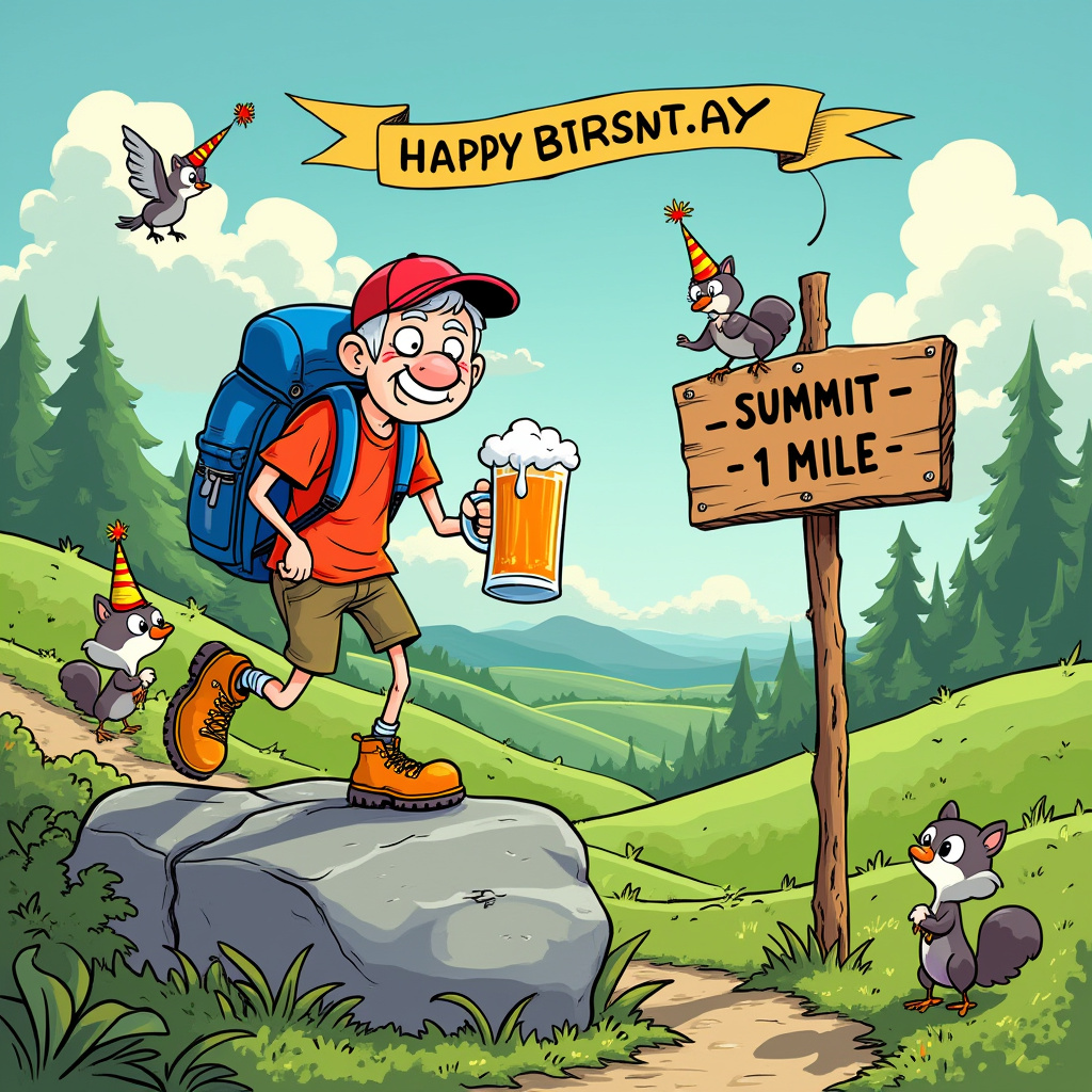 2) Birthday AI Generated Card - 75 year old hiker with beer and no ...