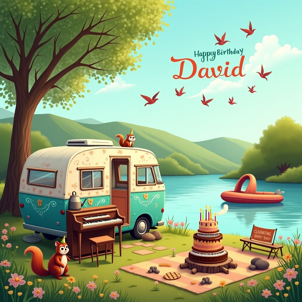 Riverside Campsite Birthday Cards - Silly Robot Cards