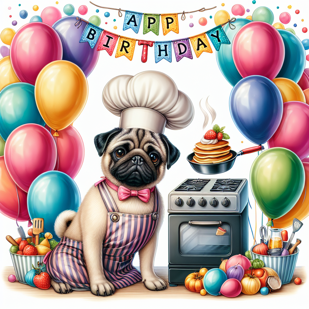 2) Birthday AI Generated Card - Pug, and Cooking (2edef)