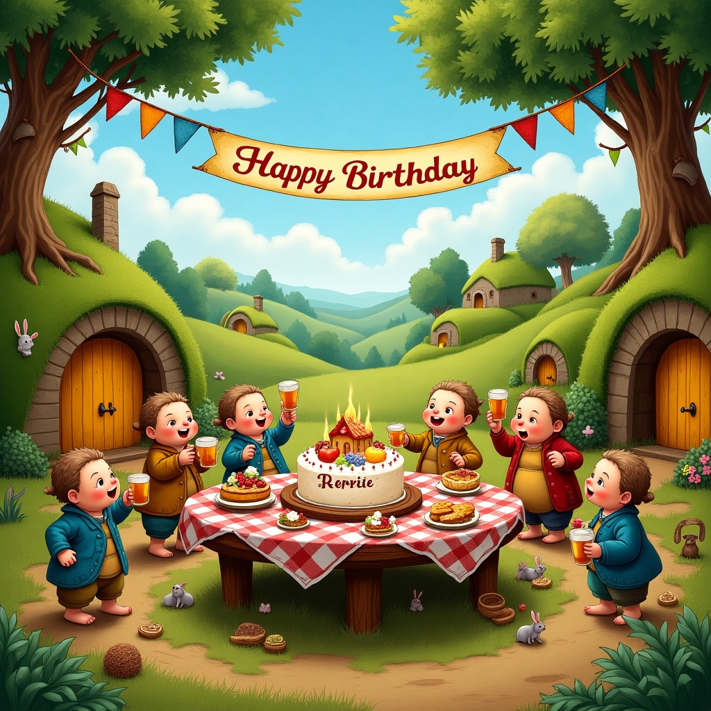 1) Birthday AI Generated Card - Hobbit, and Birthday party (2dd9d)
