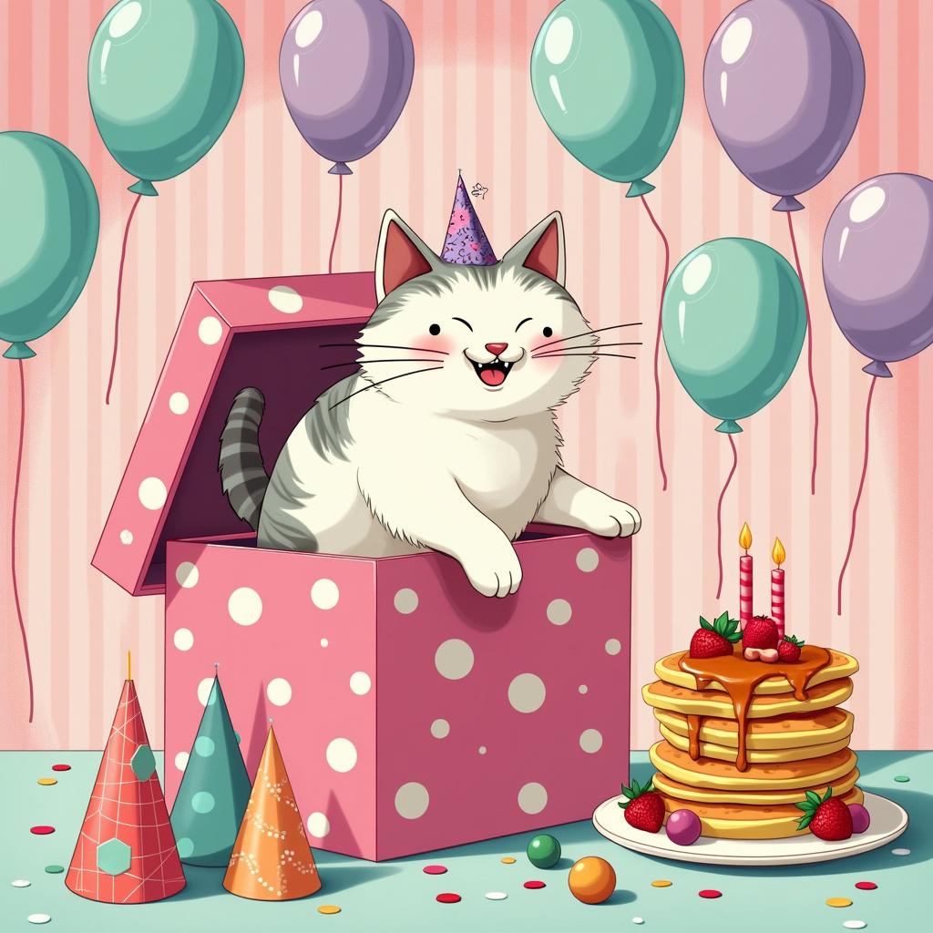 2) Birthday AI Generated Card - whitish cat, pink color (bf60a)