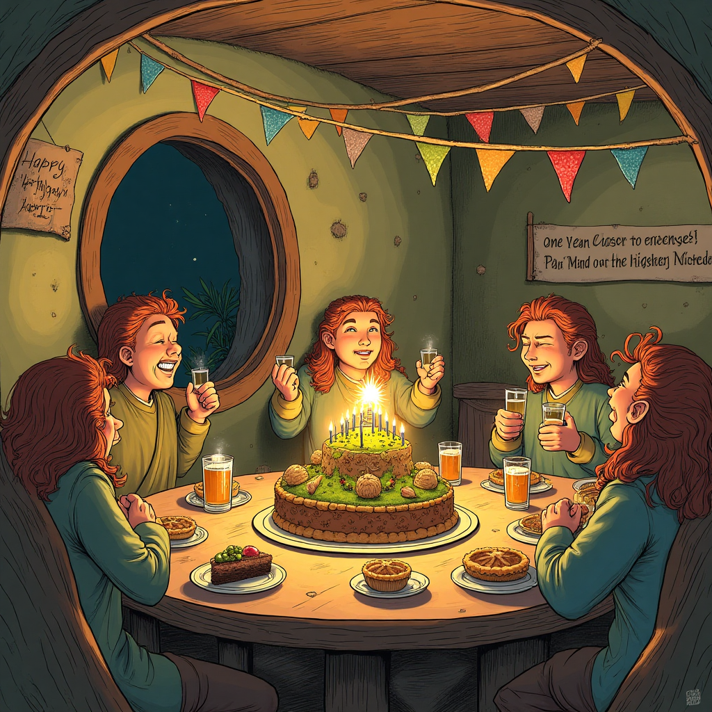 Hobbits celebrating a birthday Birthday Cards - Silly Robot Cards