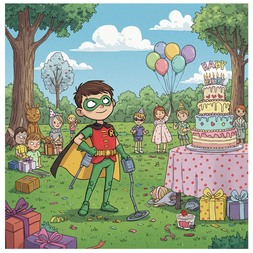4) Birthday AI Generated Card - Super hero Robin with metal detector ...