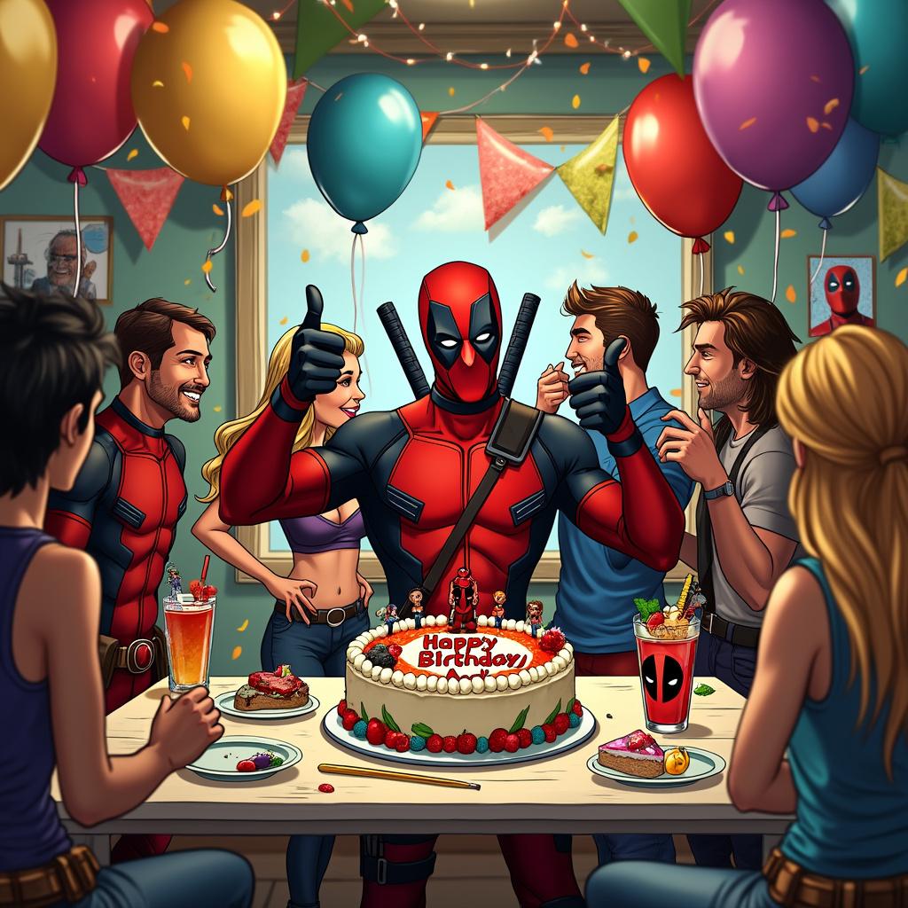 1) Birthday AI Generated Card - A Deadpool party with cake,drinks and ...