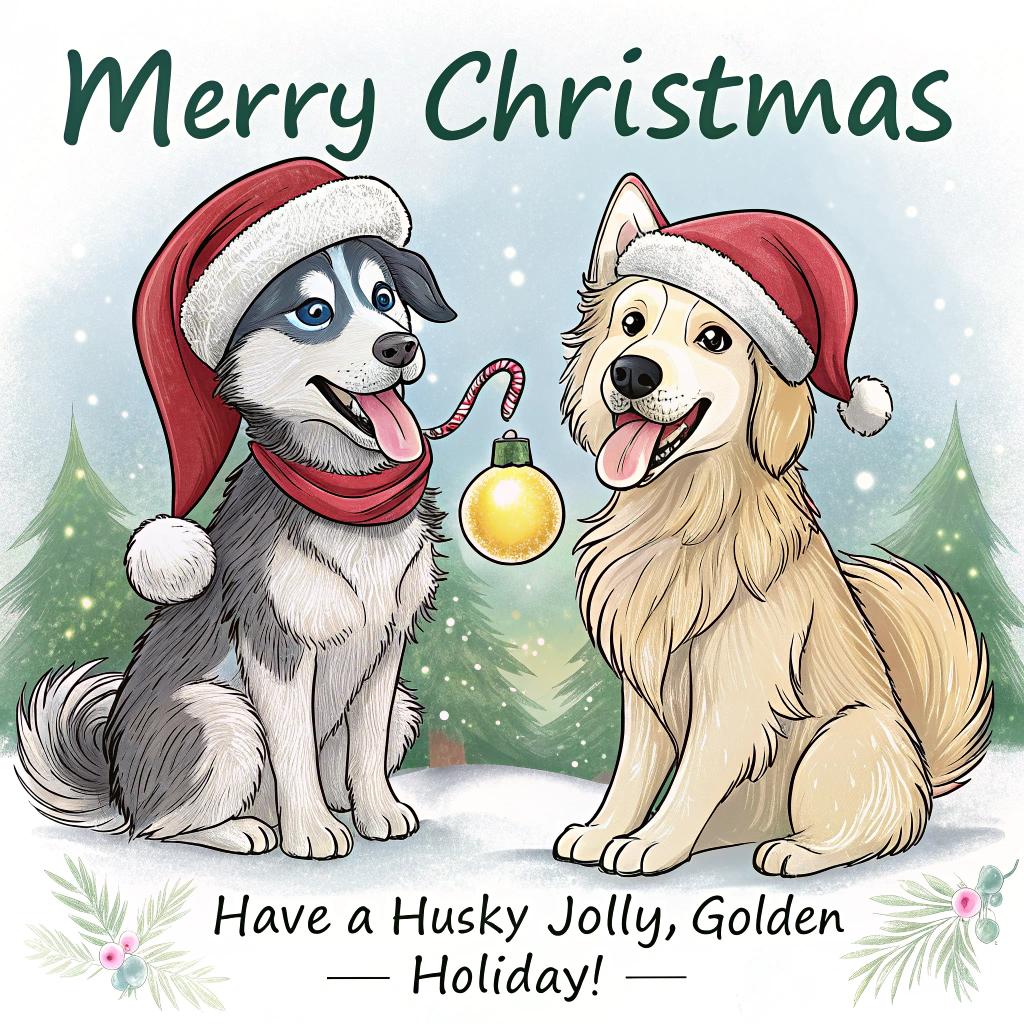 Husky-Golden Retriever Mix Christmas Cards - Silly Robot Cards