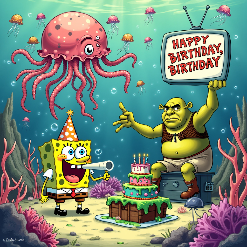 Mashup (SpongeBob, Shrek, Anime) Birthday Cards - Silly Robot Cards